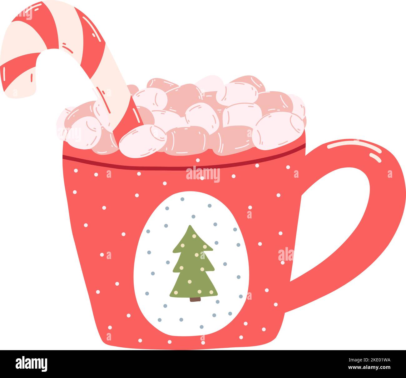 Cute mug with marshmallows and candy cane in cartoon style. Hand drawn ...