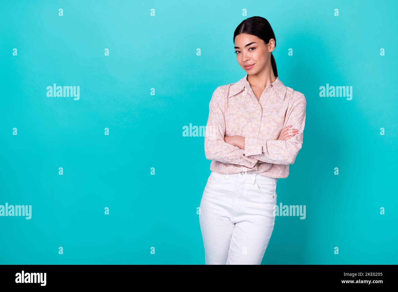 Photo of gorgeous positive person folded arms empty space blank ...