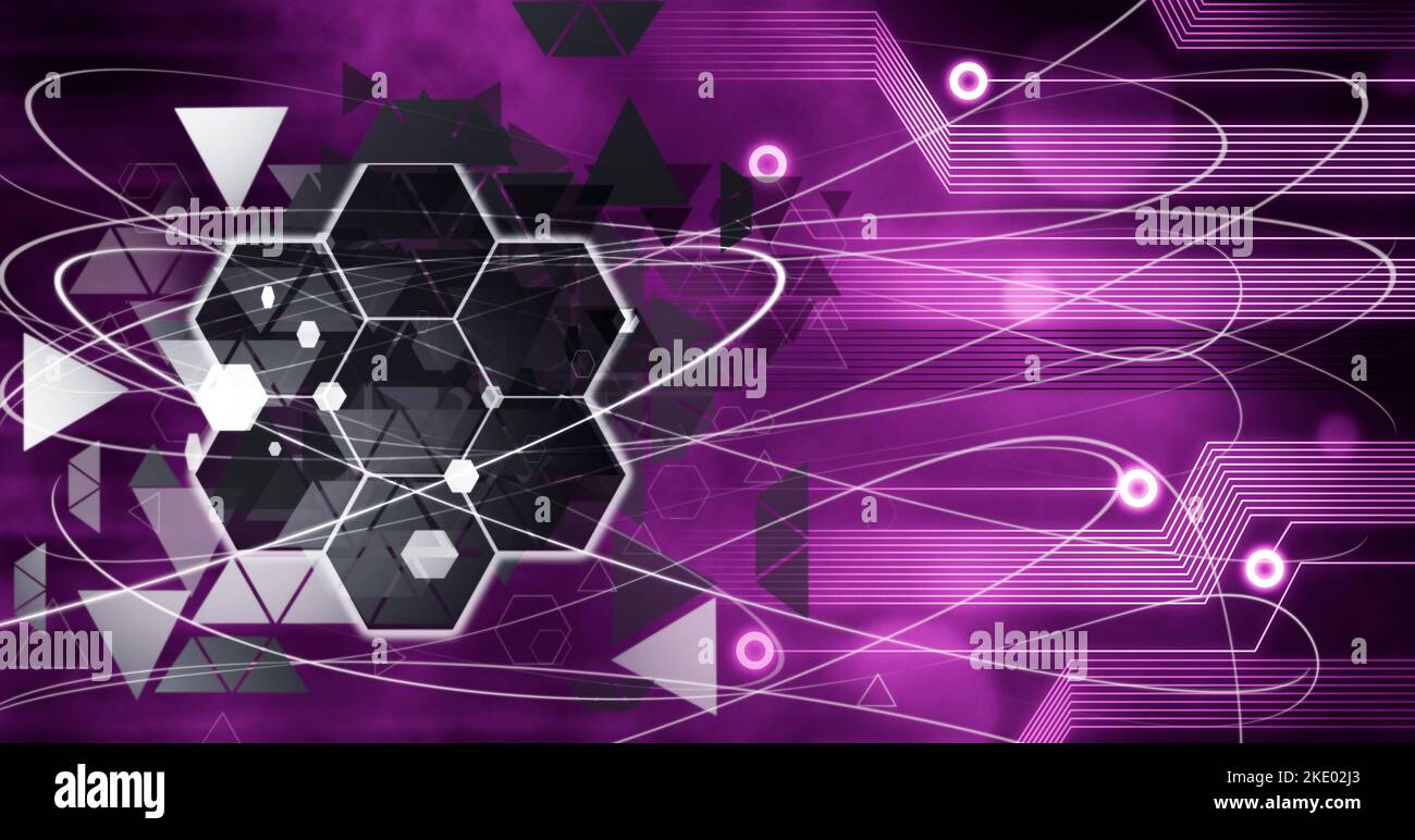 A 3D rendering of a purple technology background with light trails ...