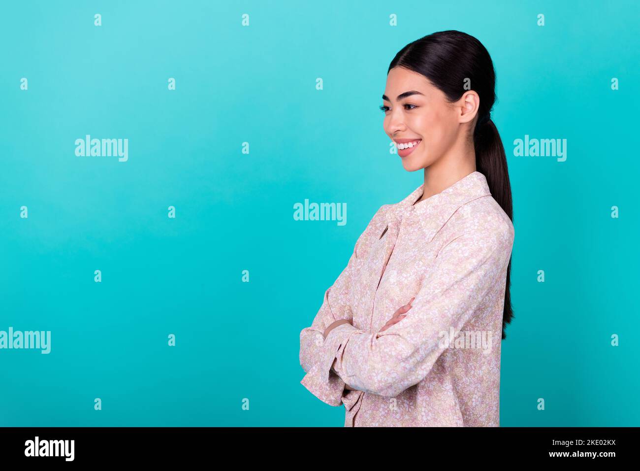 Profile portrait of successful positive vietnamese lady crossed hands ...