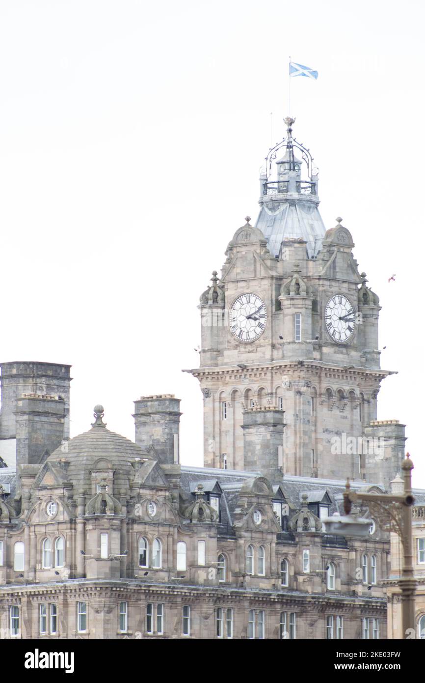 A vertical shot of a high clock tower at the Balmoral Hotel in ...