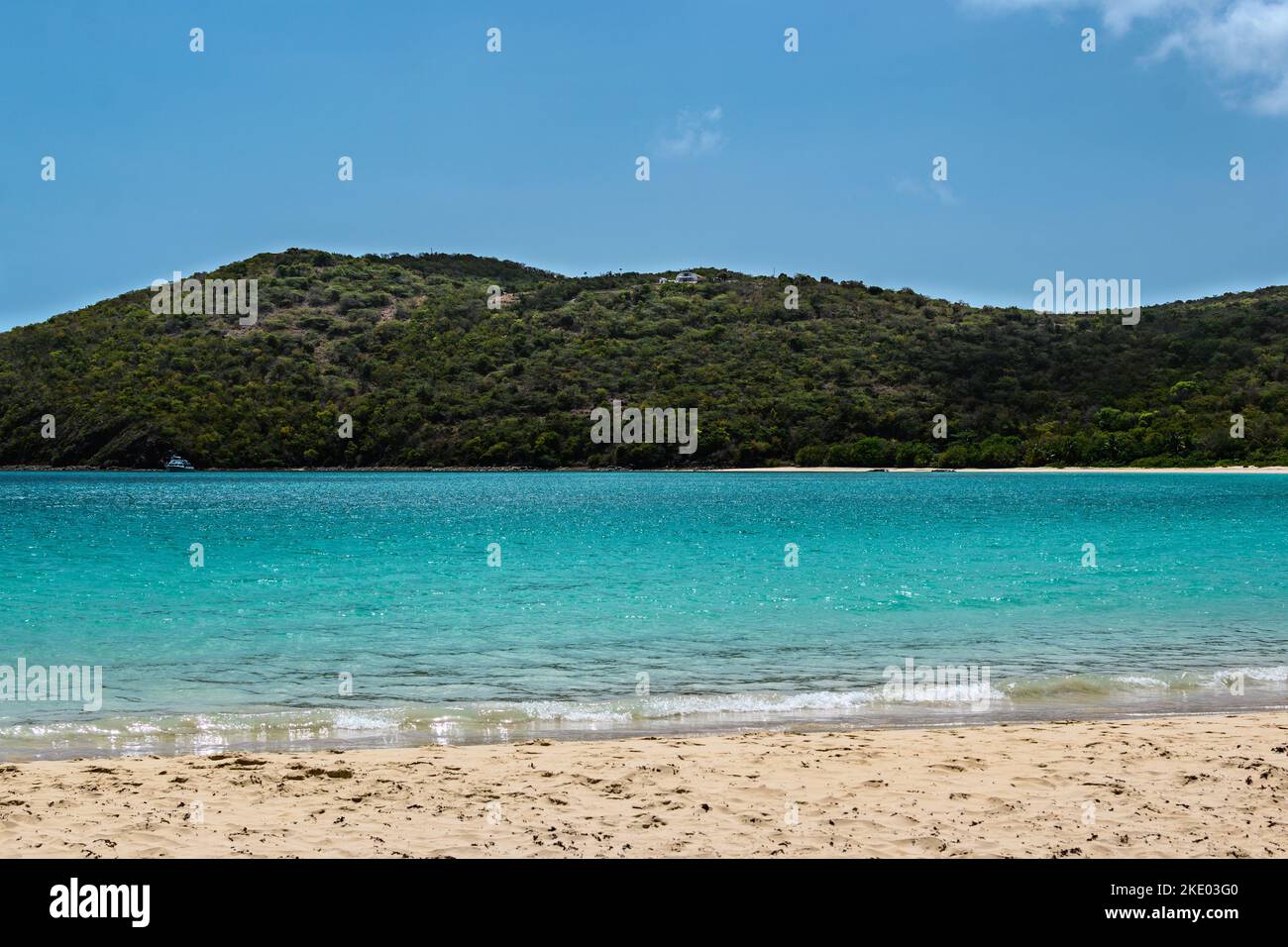 The beautiful Flamenco beach with forested hills and tropical trees on ...