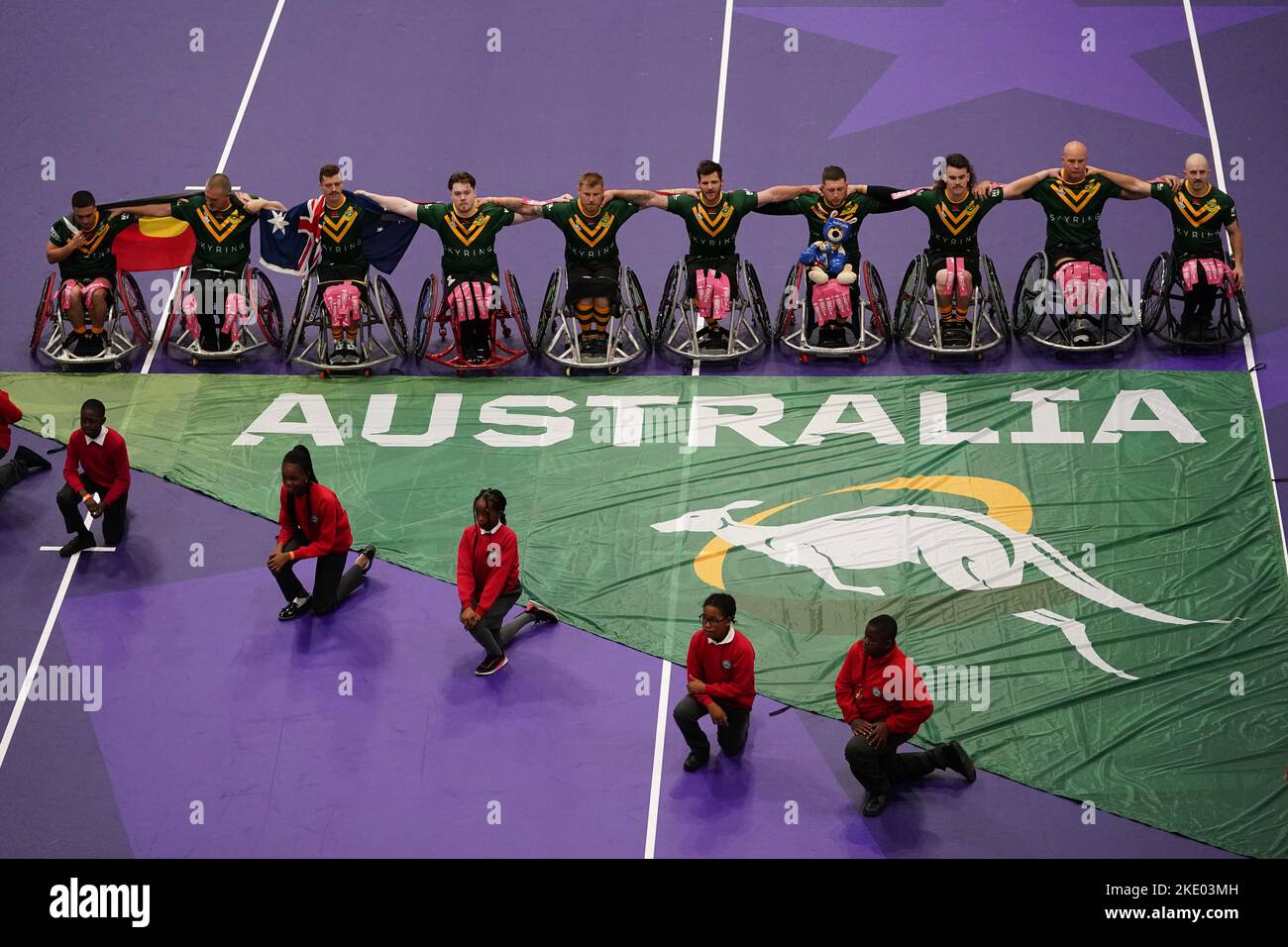 Players line up before the Wheelchair Rugby League World Cup group A ...