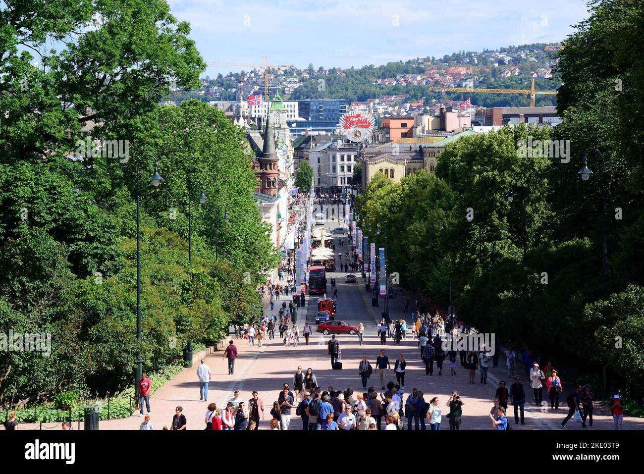 The Karl Johans gate street with beautiful buildings and greenery on a ...