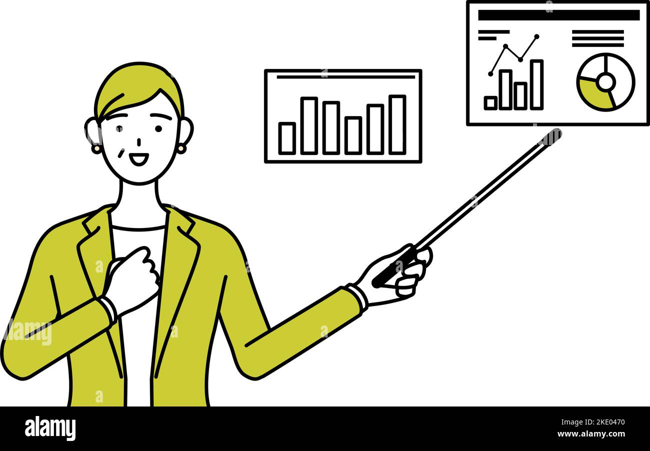 Simple line drawing illustration of a woman in a suit analyzing a ...