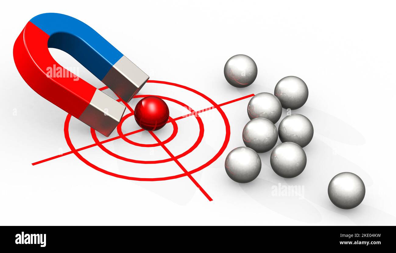 Magnet attracts red metal balls isolated, 3d rendering Stock Photo - Alamy