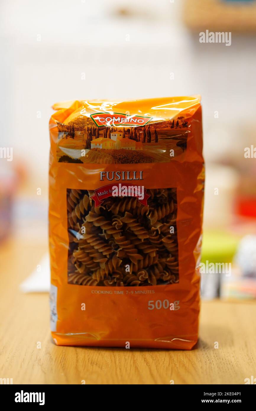 A vertical shot of Combino brand fusilli pasta in a 500 gram package on ...