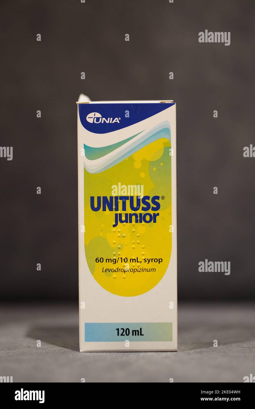 A vertical shot of Polish Unia Unituss Junior brand syrup against ...