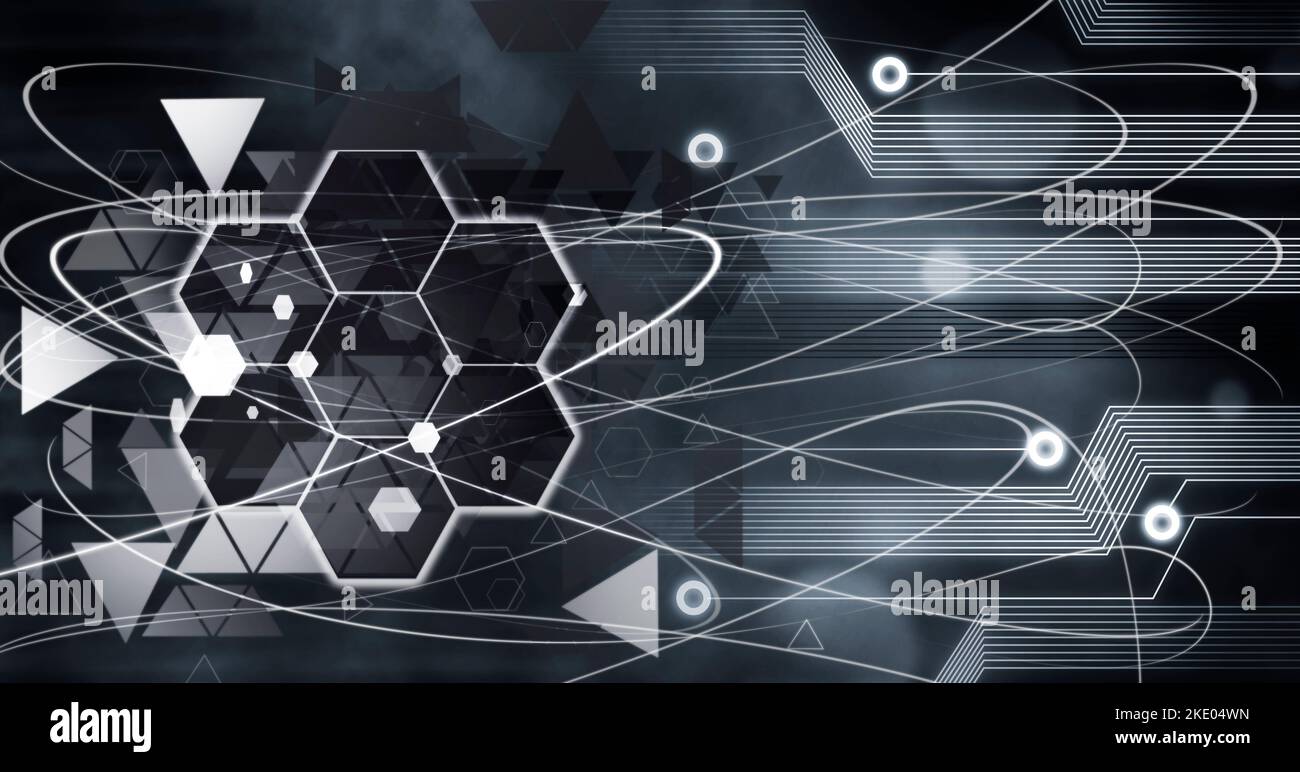 A 3D rendering of a digital technology background with light trails ...