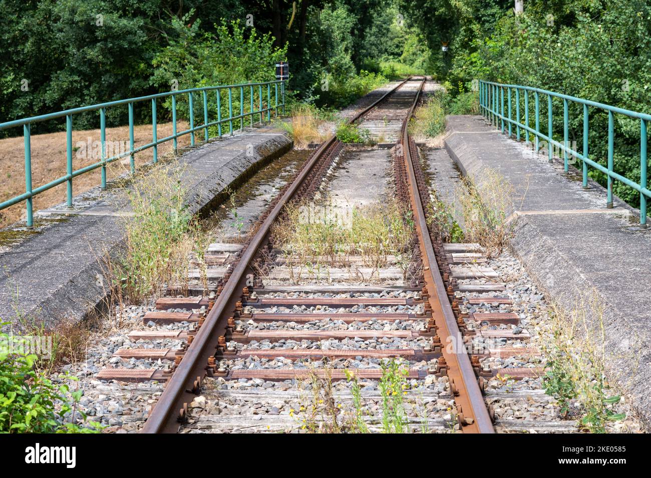 A railway track between two fences and greenery Stock Photo - Alamy