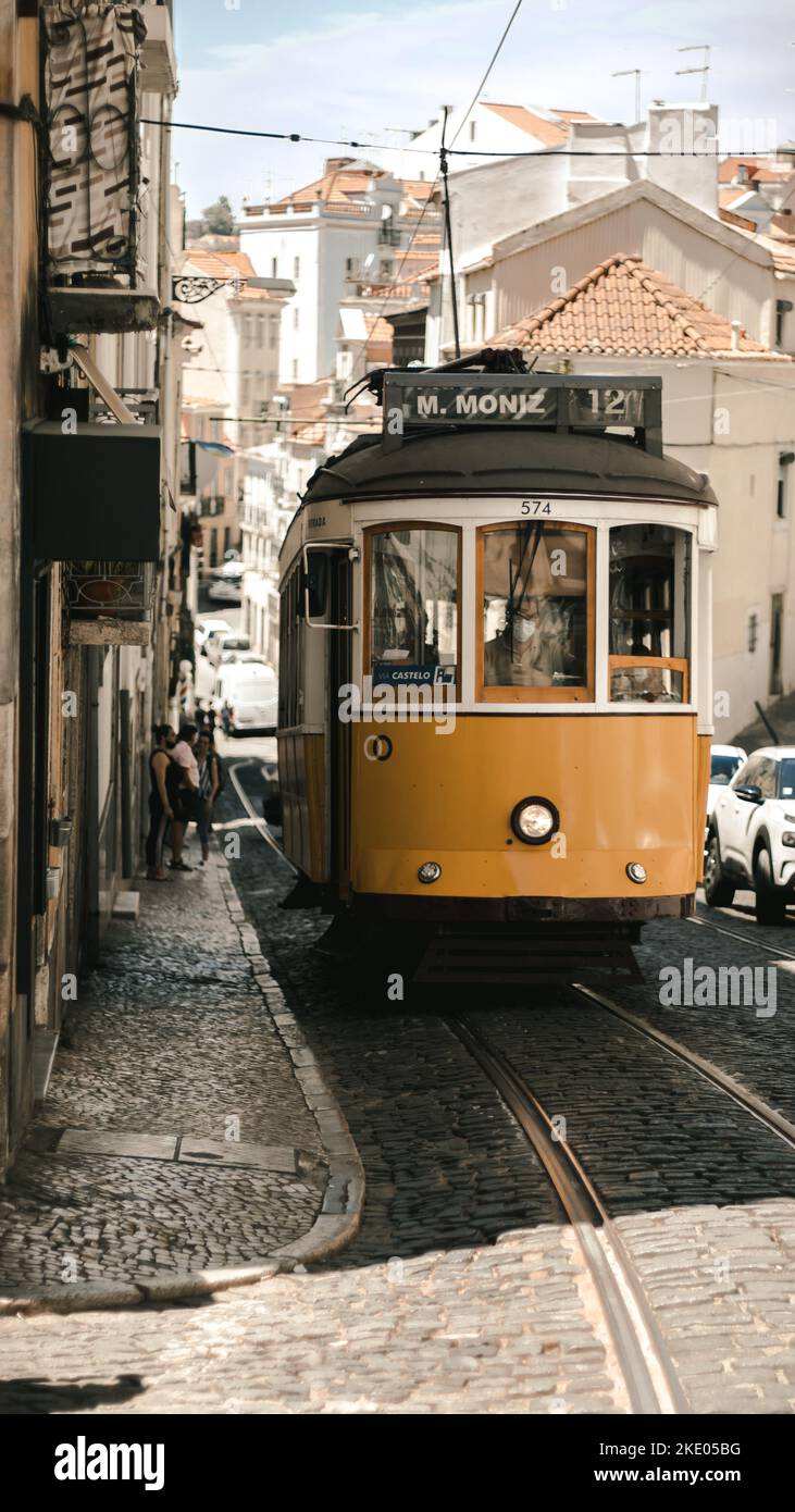 A vertical shot of Popular yellow train in Portugal, Lisbon city Stock ...