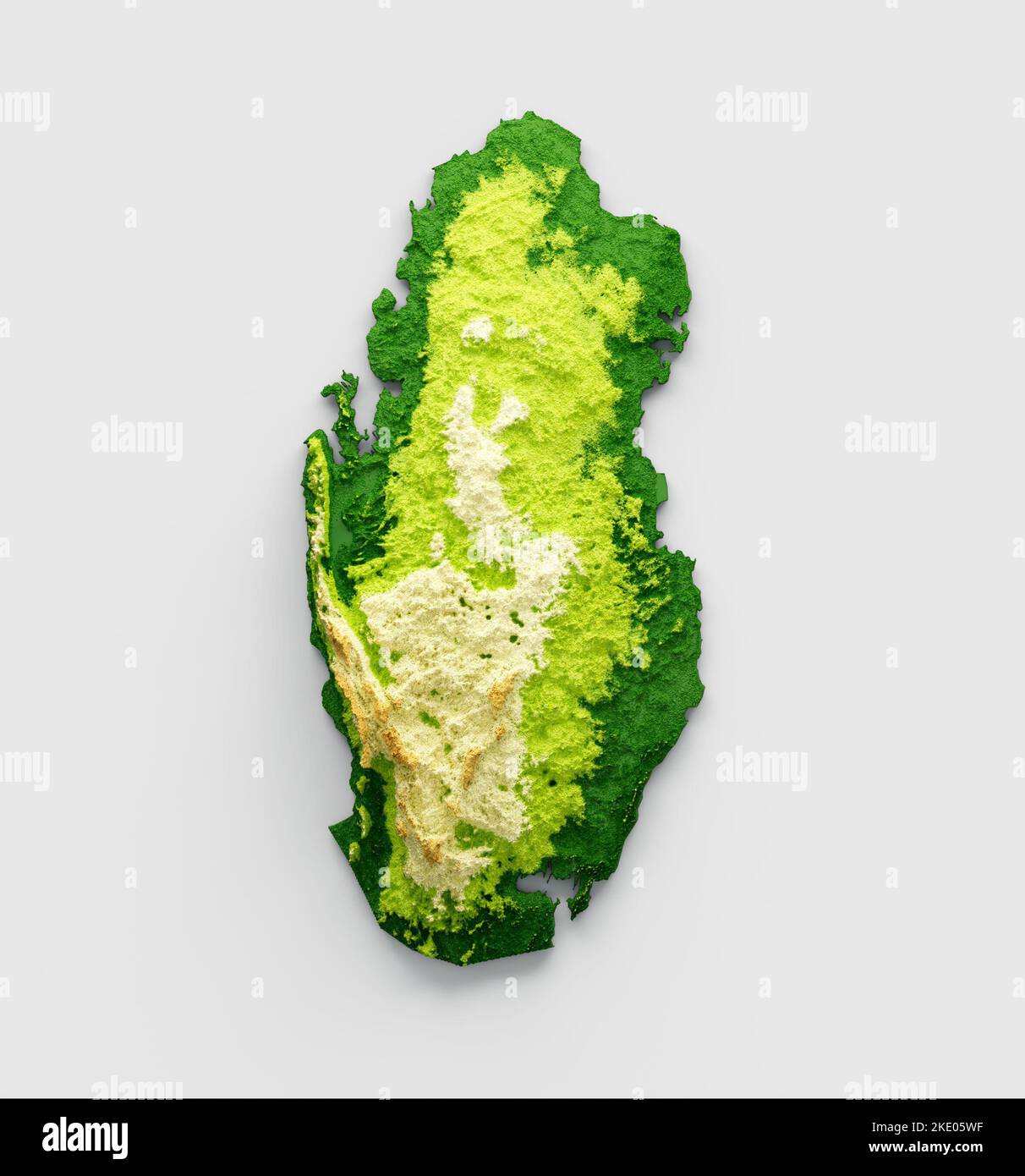 A top view of 3D rendering of Qatar map shaded relief color height map ...