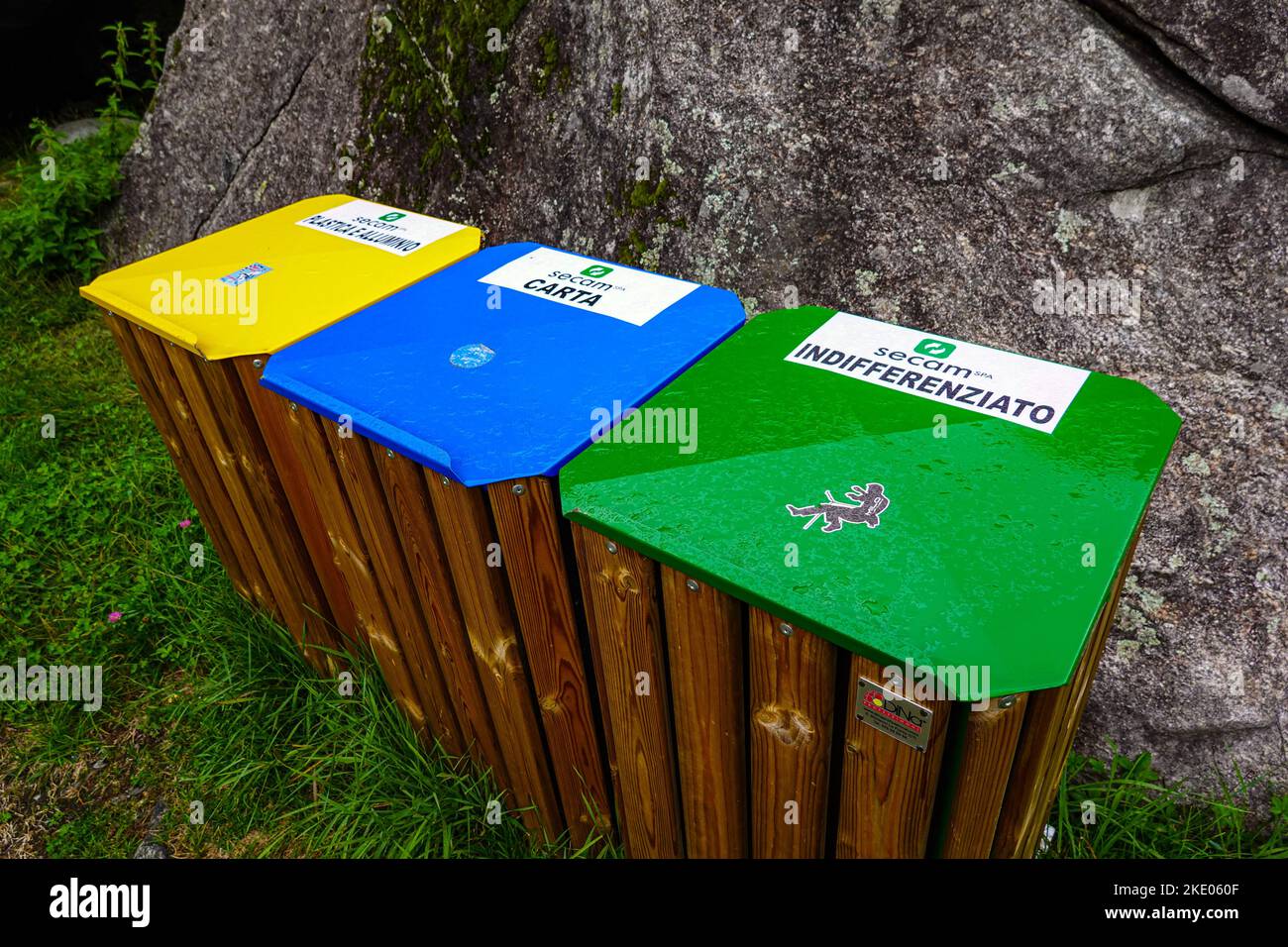 Colour coded rubbish bins, Ecrins National Park, the Alps, Briancon ...