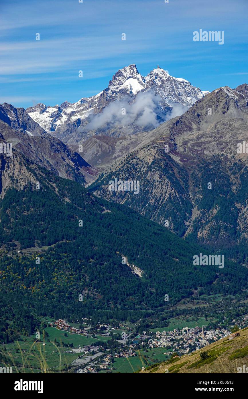 First snow of winter on La Meije mountqain in the Ecrins National Park ...