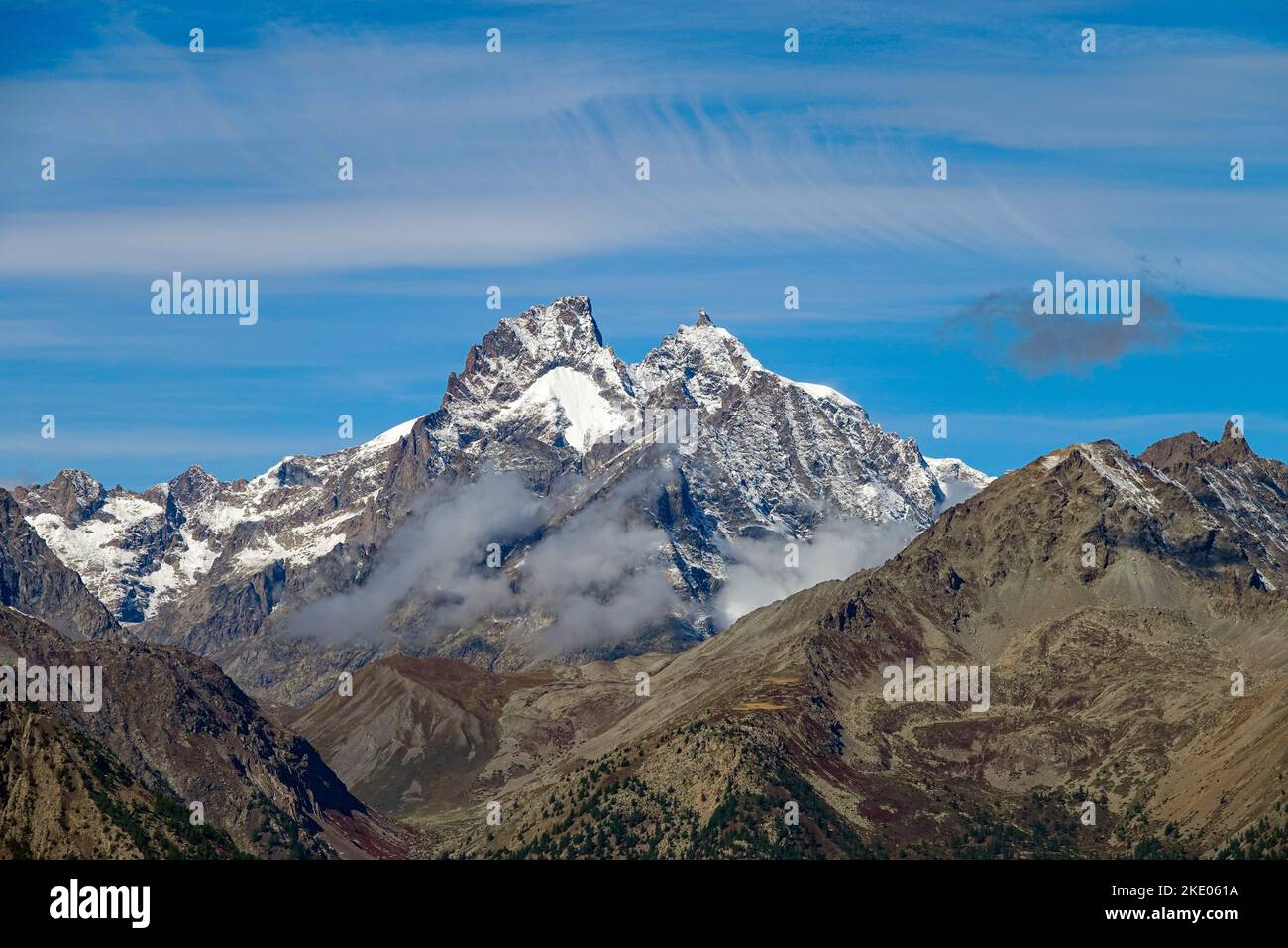 First snow of winter on La Meije mountqain in the Ecrins National Park ...