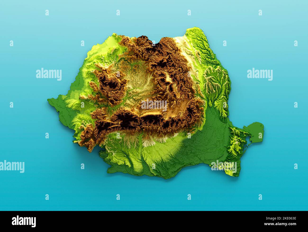 A top view of a 3D rendering of Romania map shaded relief color height ...