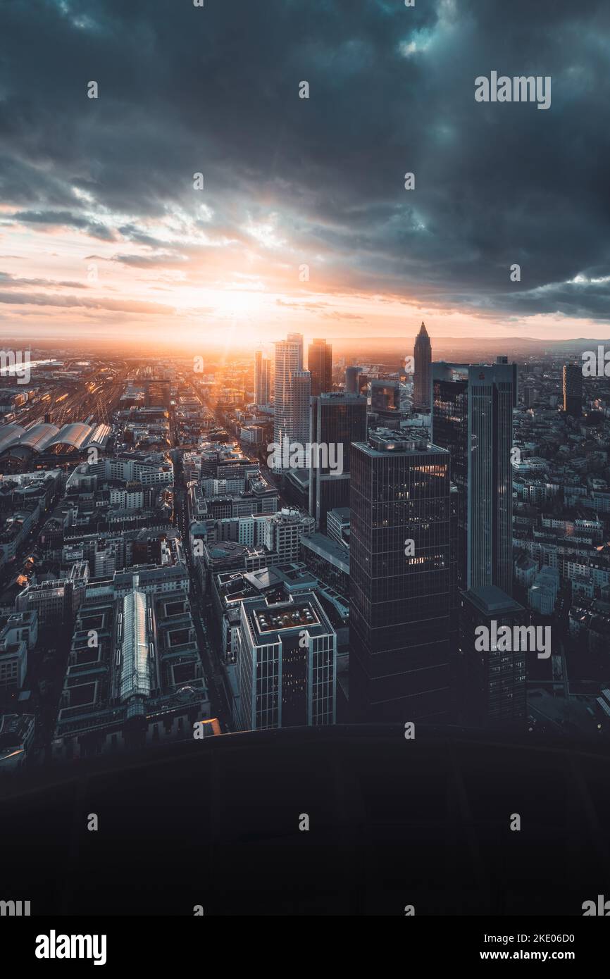 An aerial shot of the scenic Frankfurt city skyline with a sunset ...