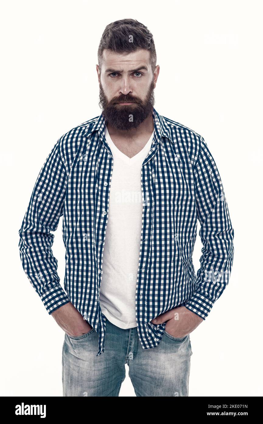 Handsome macho. caucasian guy with beard and mustache isolated on white ...