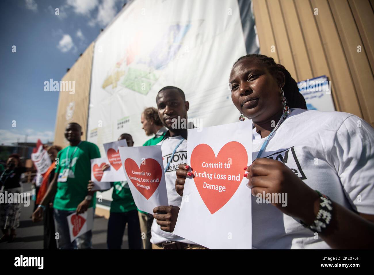 Sharm El Sheikh, Egypt. 09th Nov, 2022. Activists hold placards at a ...