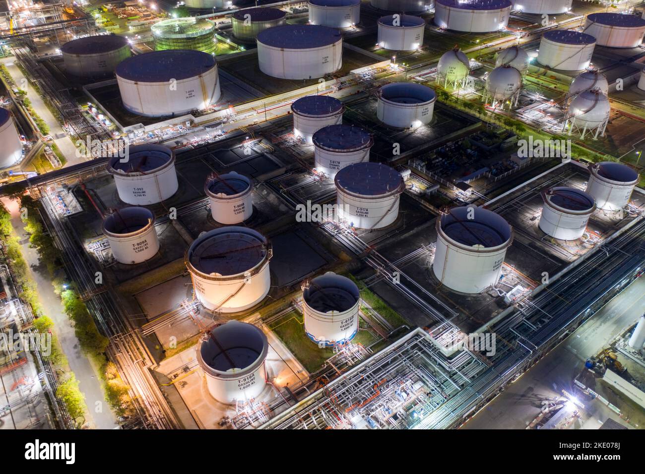 An aerial view of a Refinery factory oil storage tank and pipeline ...