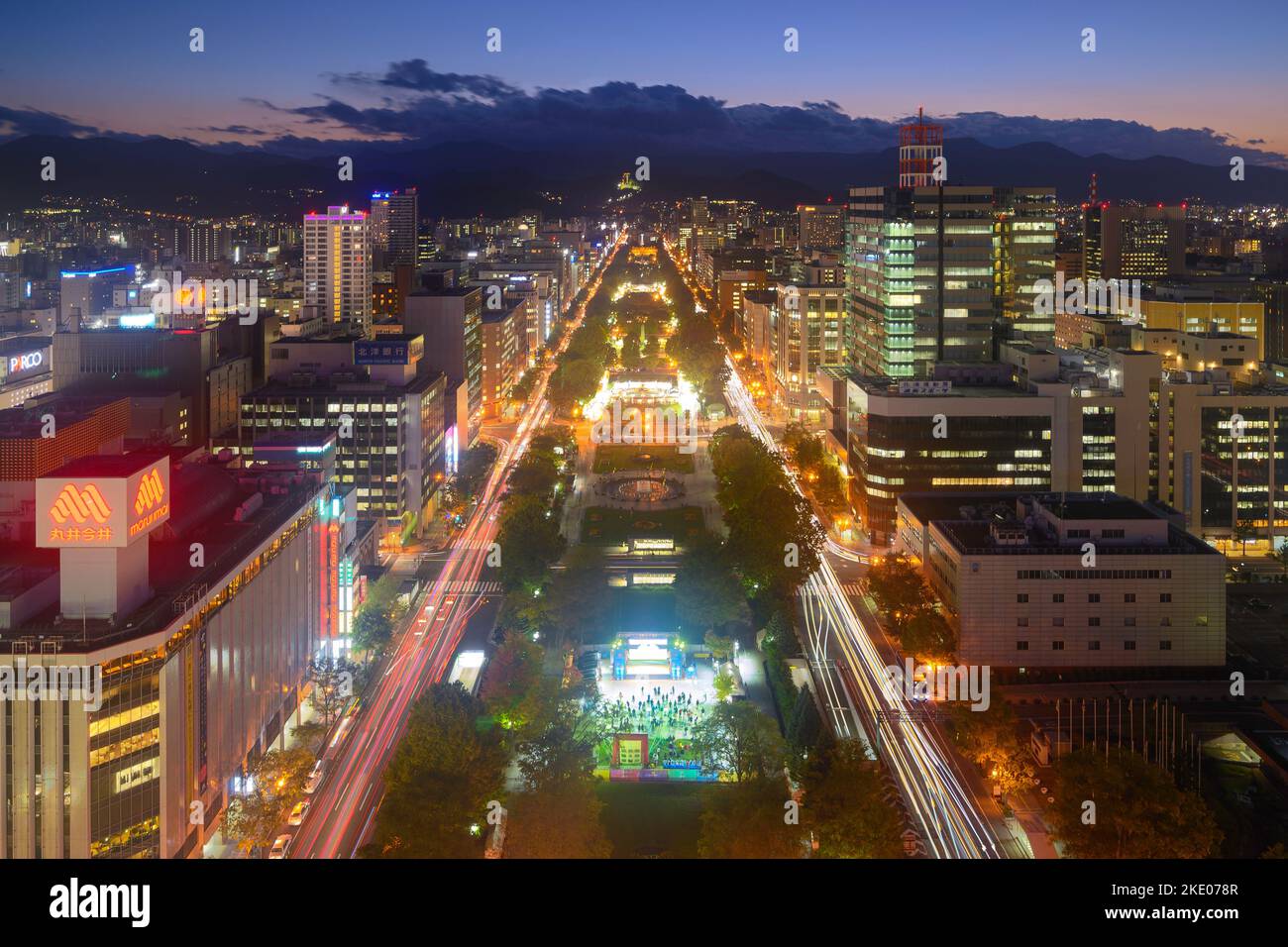 The Sapporo city and Odori the main street of Sapporo at sunset Stock ...