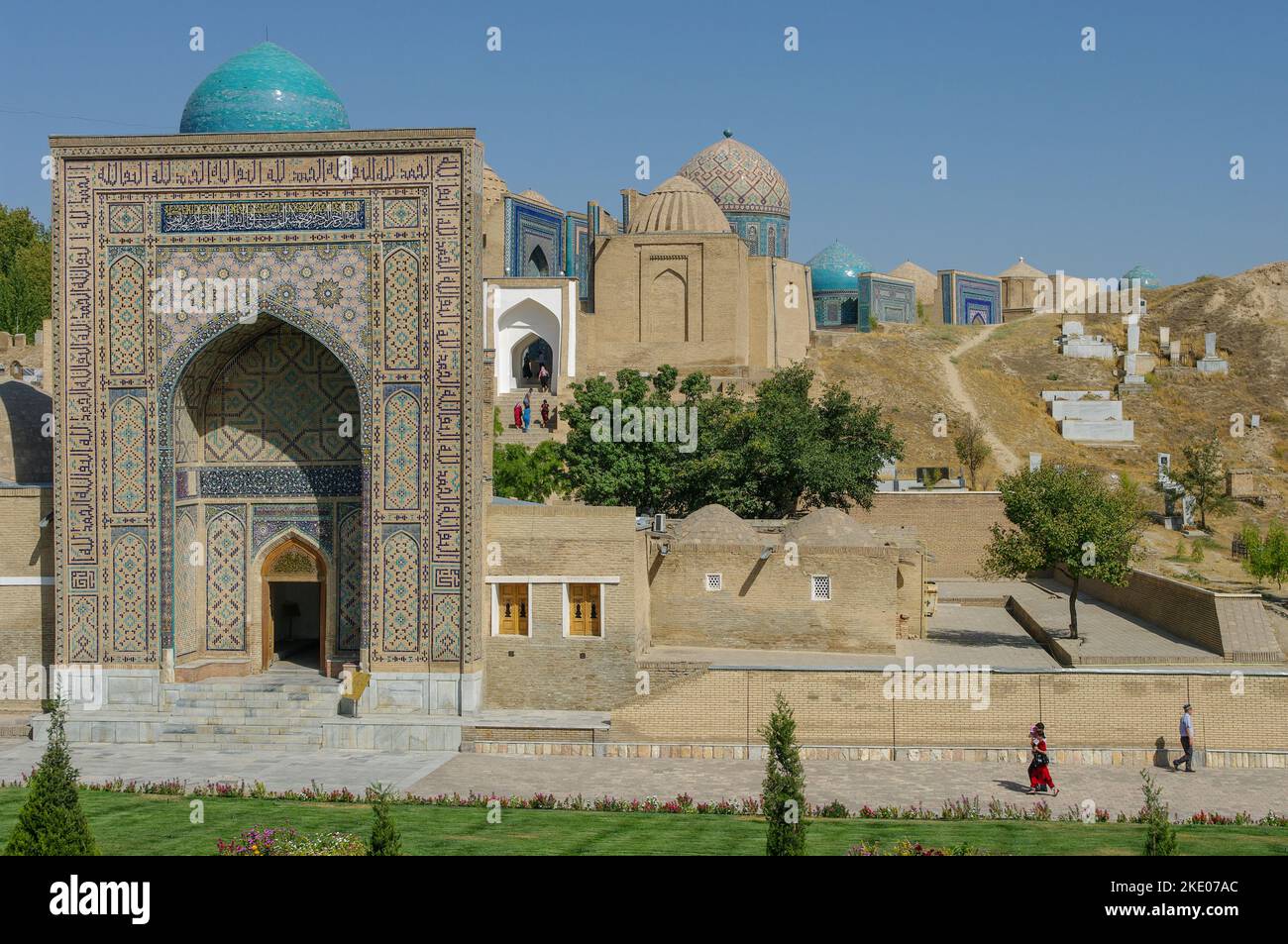 Street view of beautiful medieval Shah-i-Zinda mausoleum complex in ...
