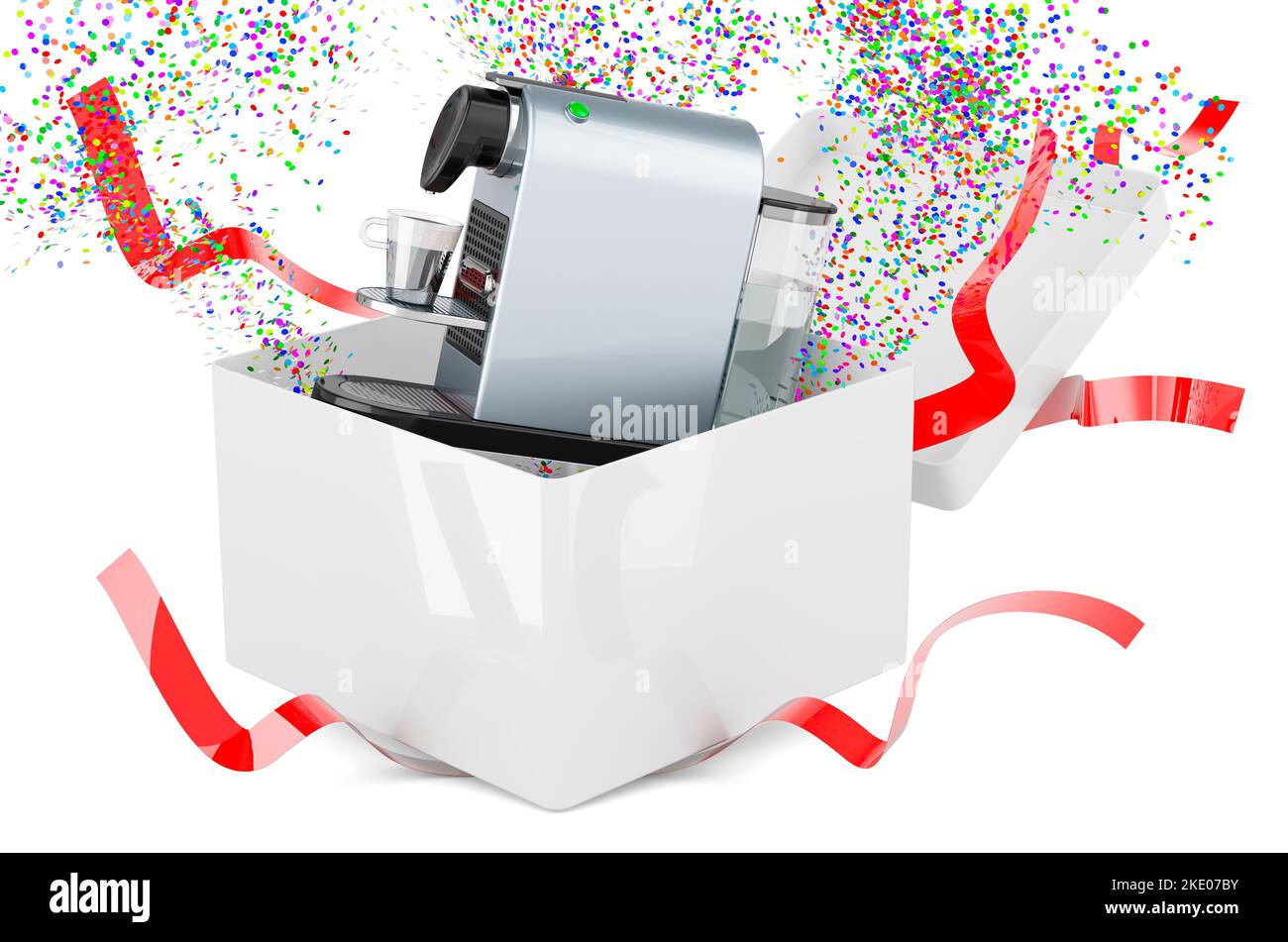 Coffee pod machine inside gift box, gift concept. 3D rendering isolated ...