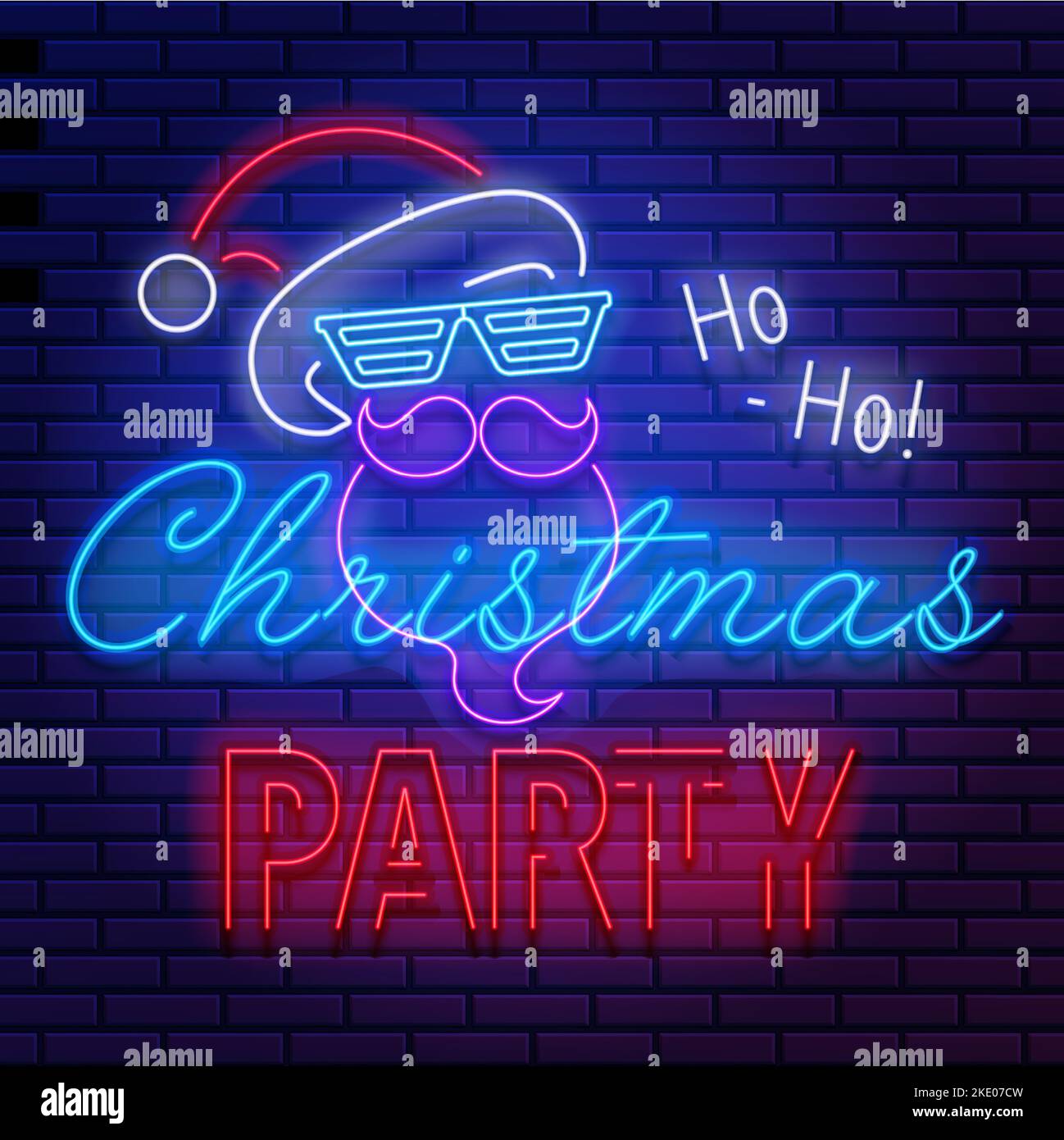 Neon sign lettering Christmas party with santa claus on brick wall ...