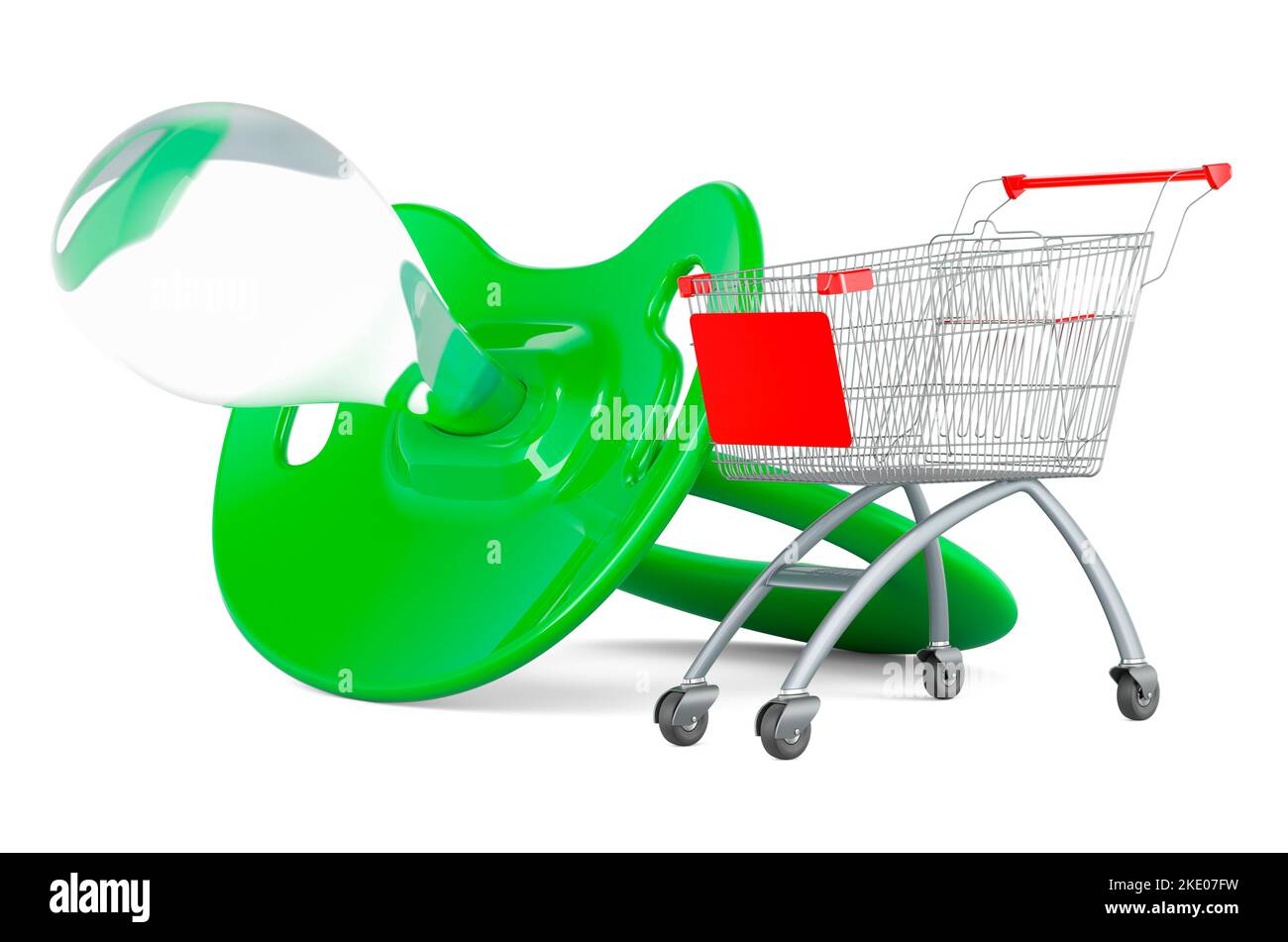 Shopping basket with baby pacifier. 3D rendering isolated on white ...