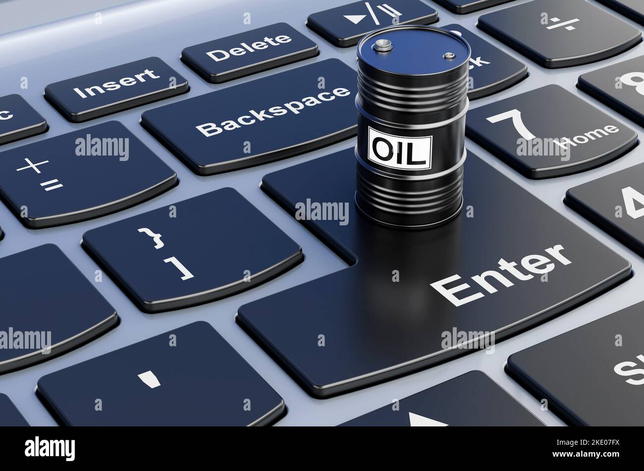 Oil barrel on computer keyboard, 3D rendering Stock Photo - Alamy