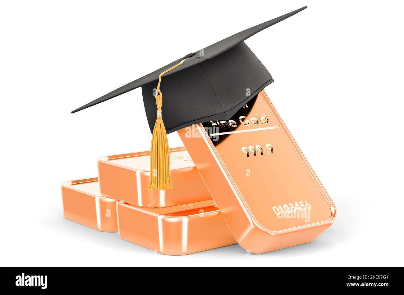 Gold bars with graduation cap. 3D rendering isolated on white ...