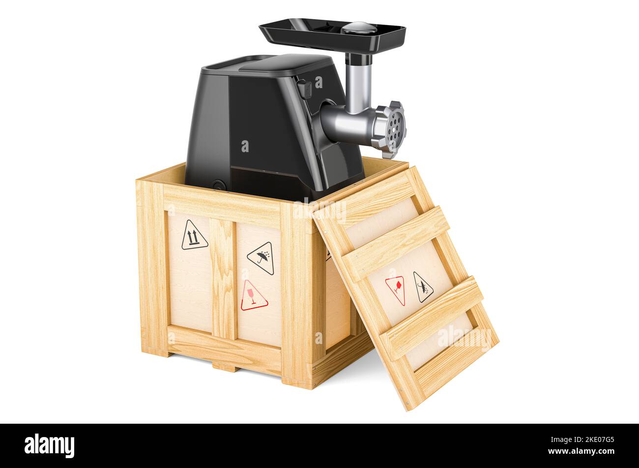 Electric meat grinder inside cardboard box, delivery concept. 3D ...