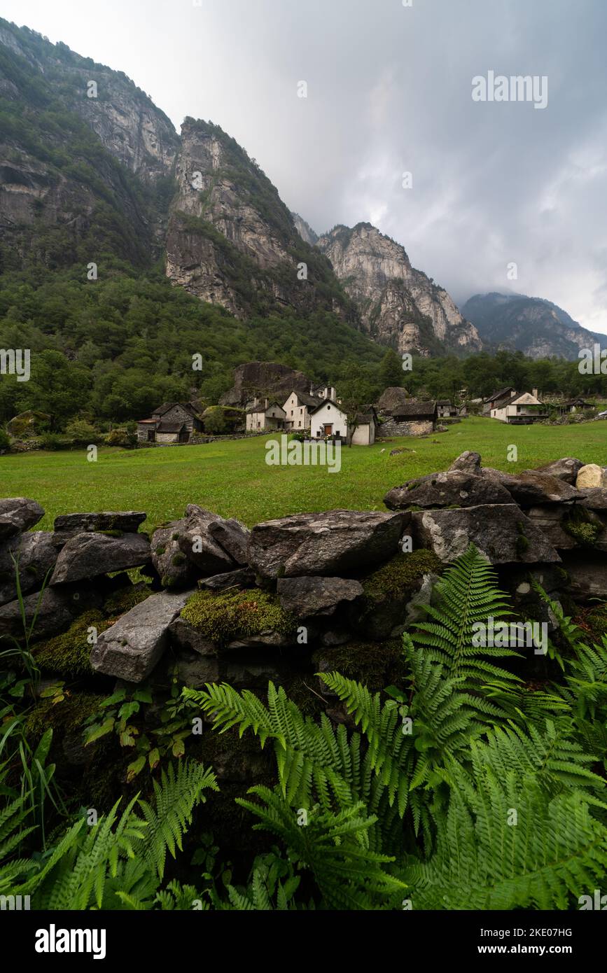 A vertical shot of a countryside landscape in Cevio, Foroglio ...