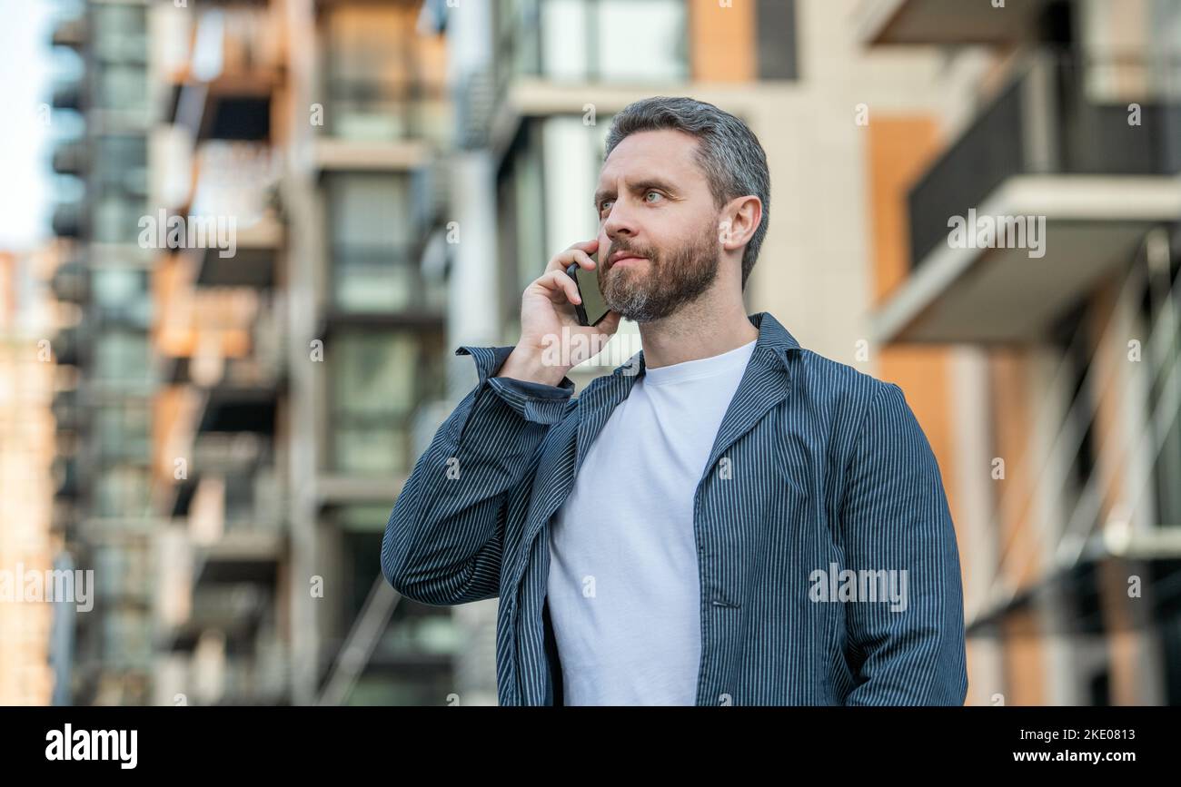 phone communication of handsome man speak. adult man speak on phone ...