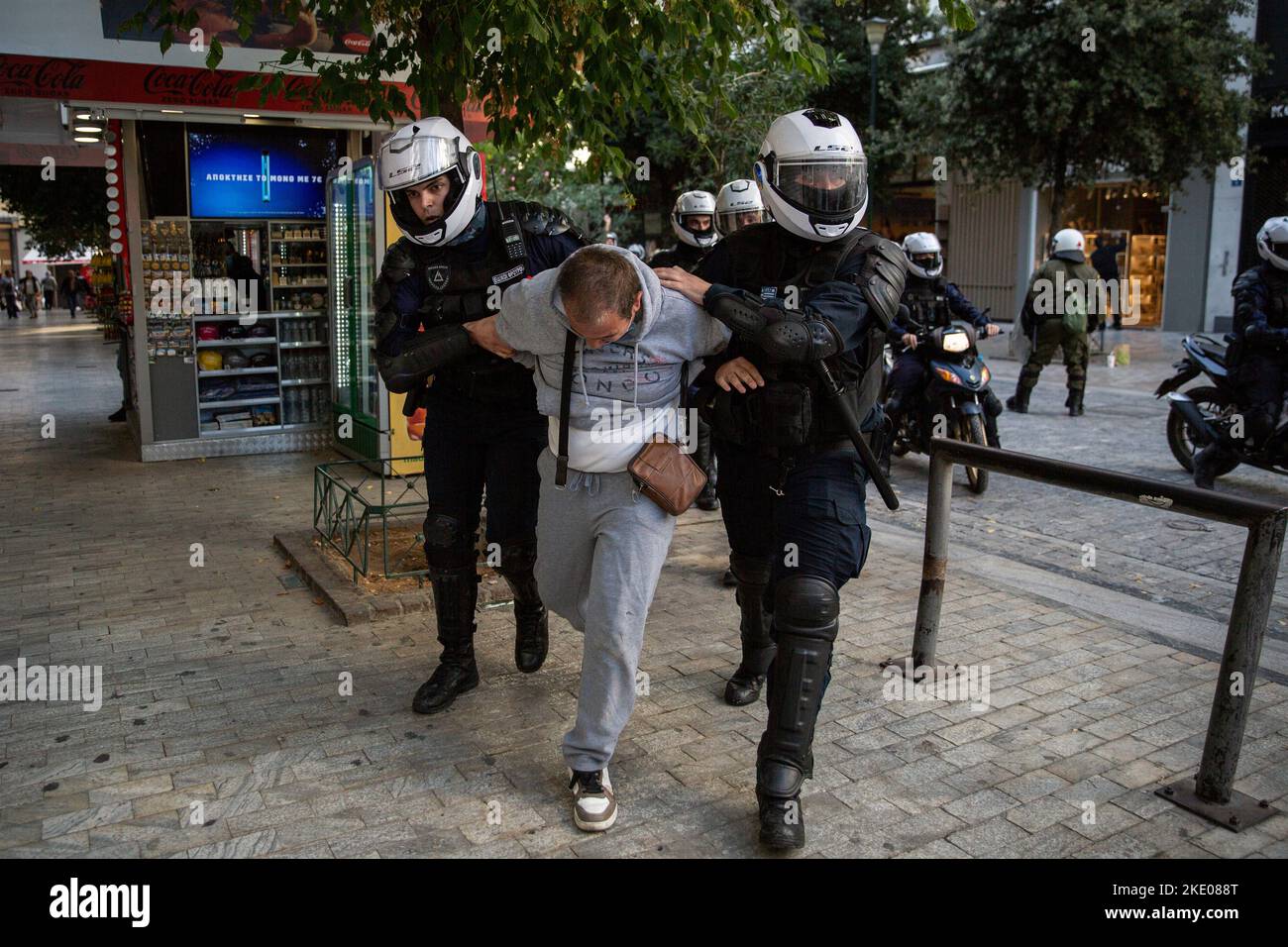 Athen, Greece. 09th Nov, 2022. Police arrest a man during clashes with ...