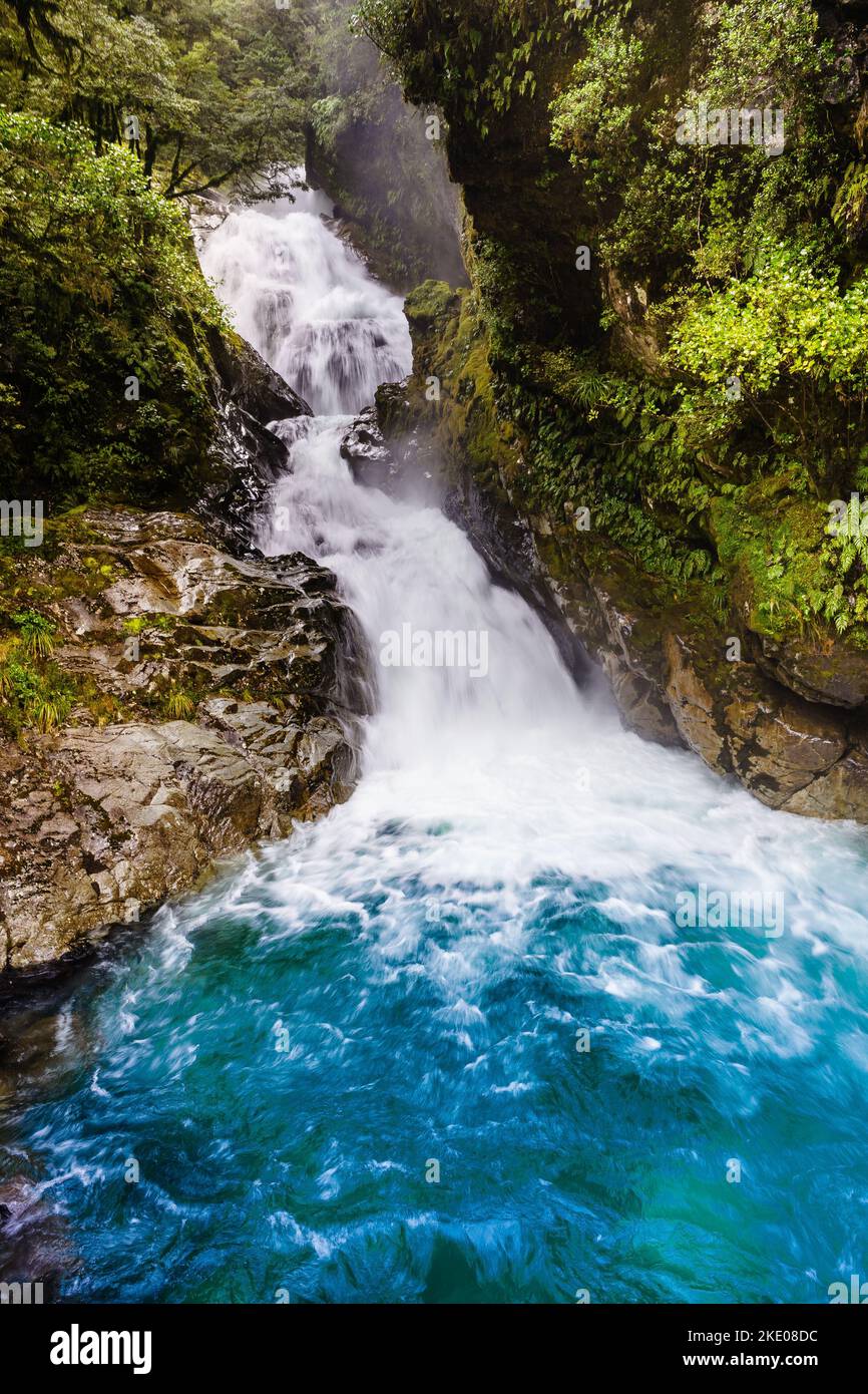 A flowing Chasm river surrounded by trees and moss covered rocks Stock ...