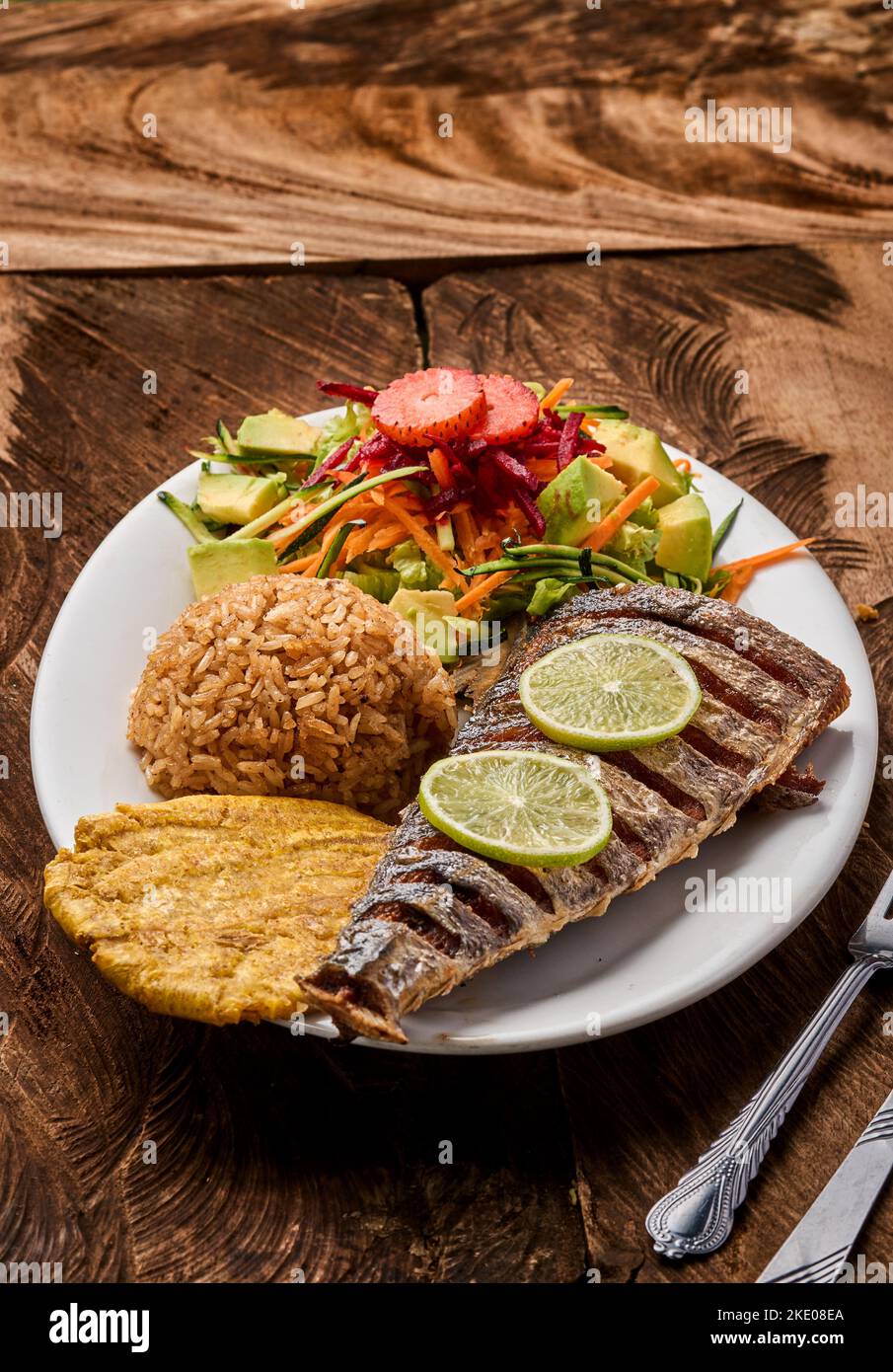 A vertical shot of a plate with vegetable salad, fried fish and rice on ...