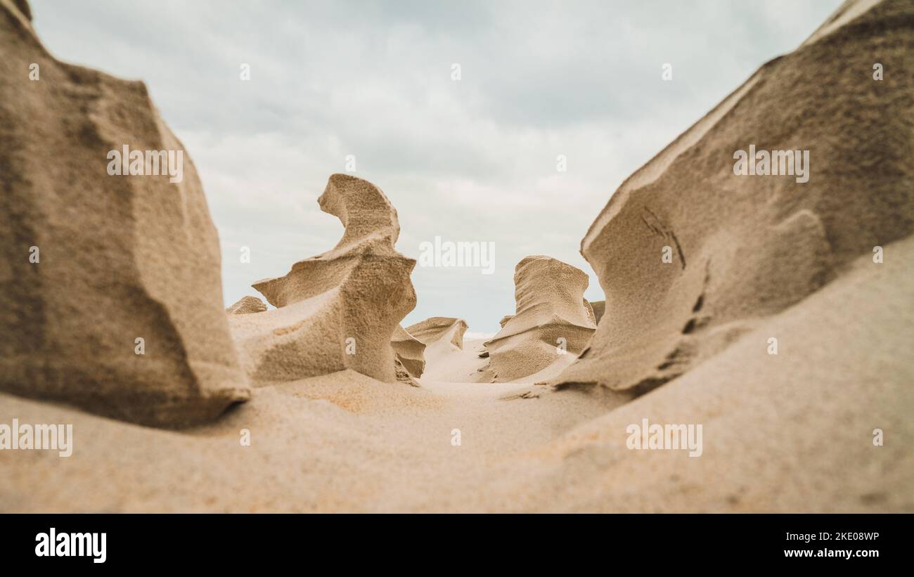 A closeup shot of huge frozen sand pile sculptures on the coast near ...