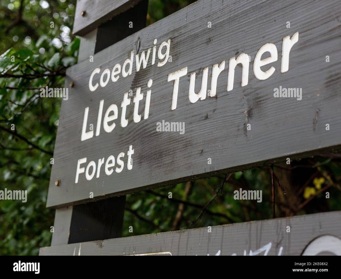 A low-angle shot of Lletti Turner Forest sign on a wooden board against ...