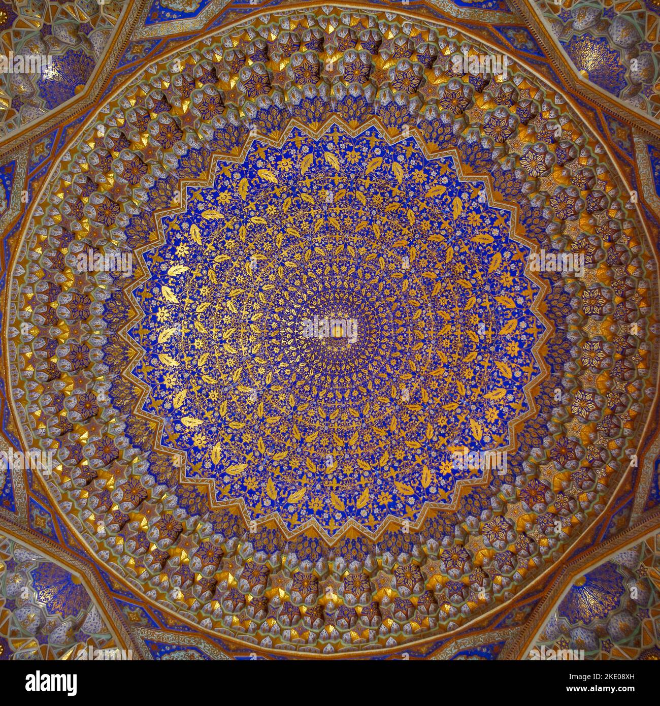 Beautiful gold and blue decor on ceiling of ancient Tilya Kori madrassa ...