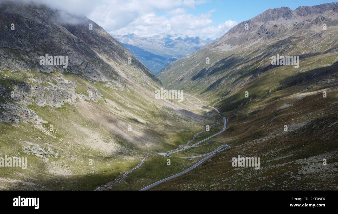 An aerial view of the mountain landscape and the Timmelsjoch pass road ...