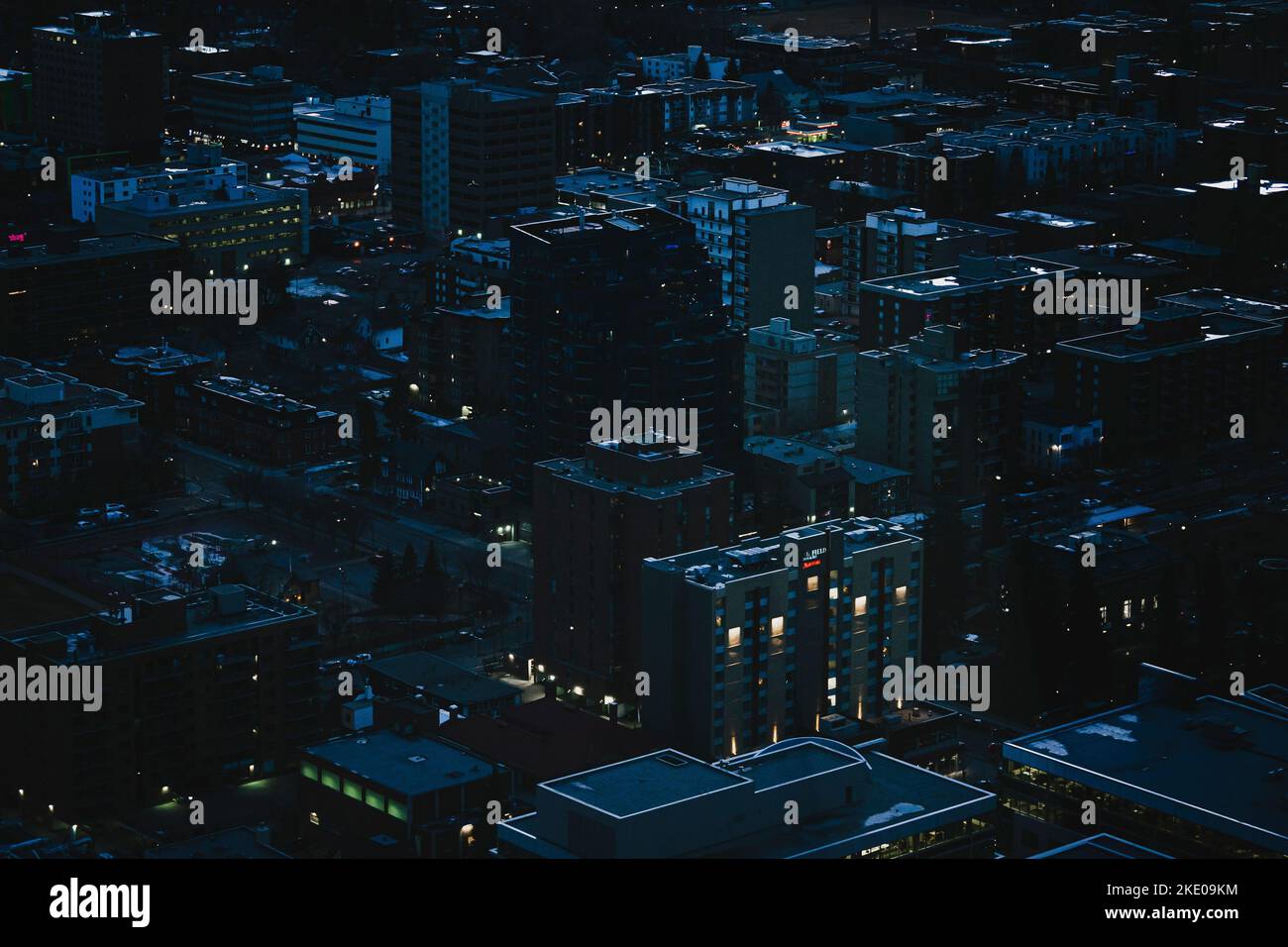 An aerial view of a city with beautiful architecture during nighttime ...