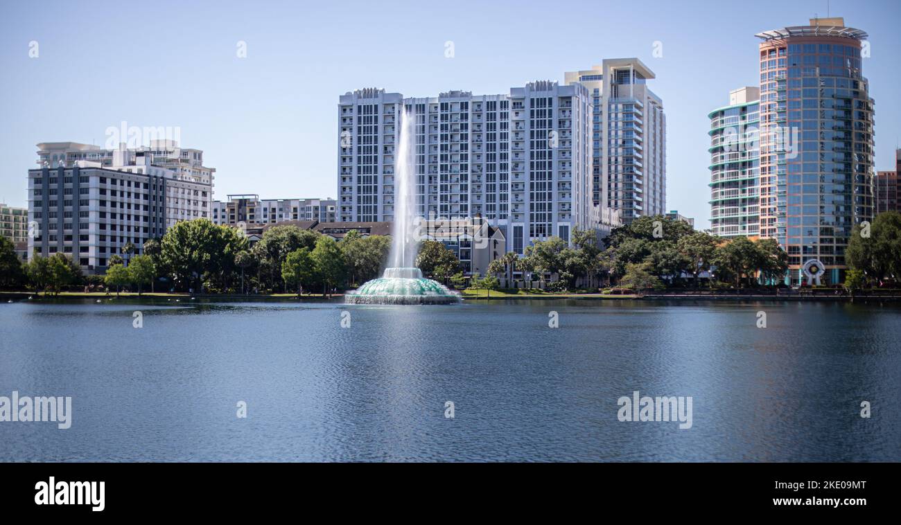 An aerial view of lake Eola surrounded by buildings in Orlando Stock ...