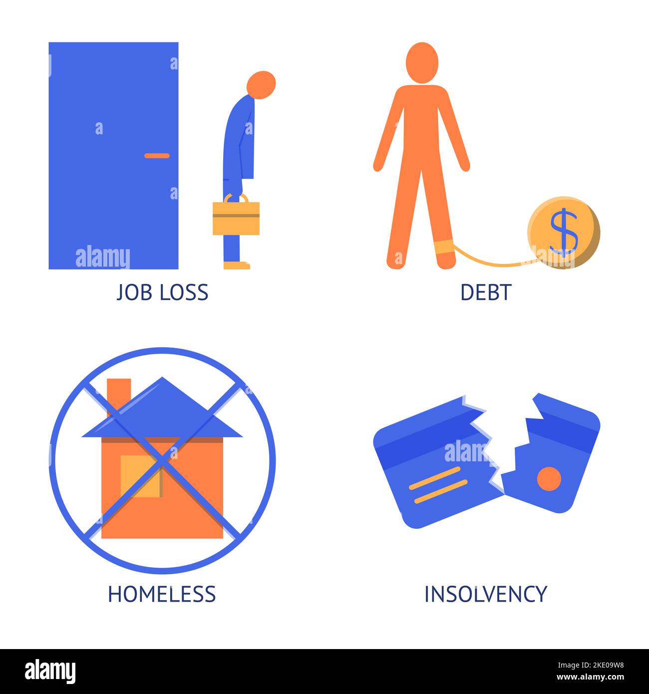 Economic and financial crisis icon set in flat style. Bank debt, losing ...