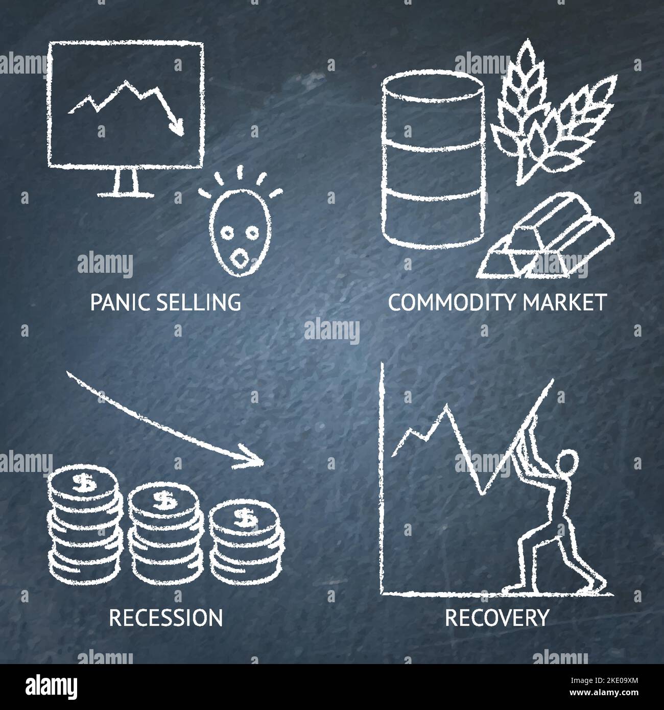 Stock market financial crisis icon set on chalkboard. Recession, panic ...