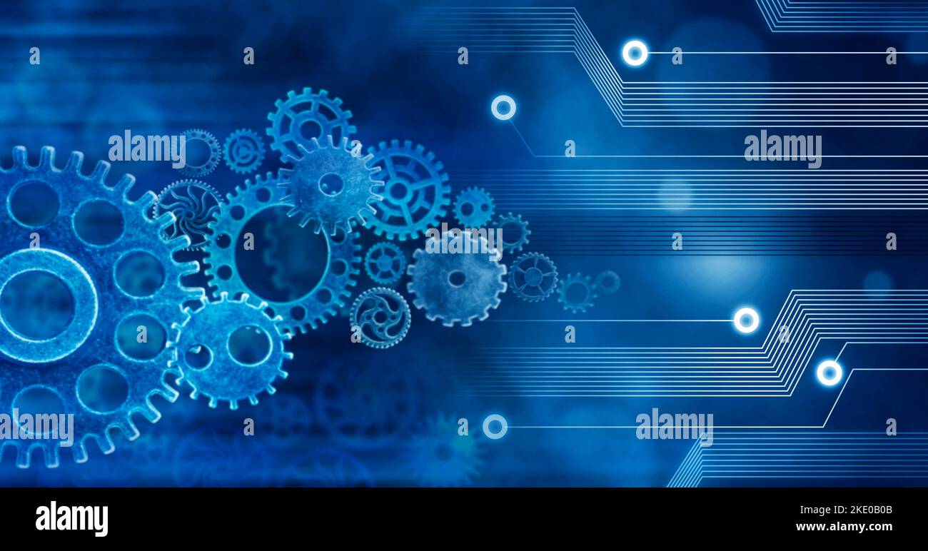 A 3D rendering of futuristic gears wheel on blue background Stock Photo ...