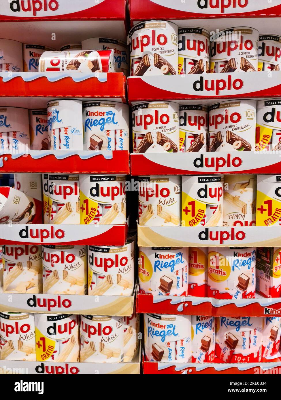 The numerous Duplo brand chocolate bars on a supermarket shelf in Kiel ...