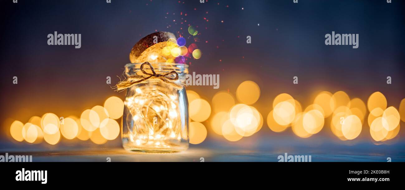 Small glass jar with Christmas lights and bokeh in the background Stock ...