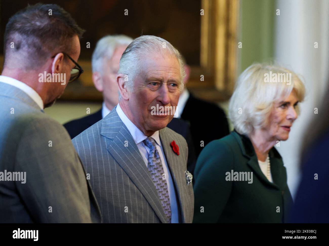 King Charles III and the Queen Consort during a ceremony at Mansion ...