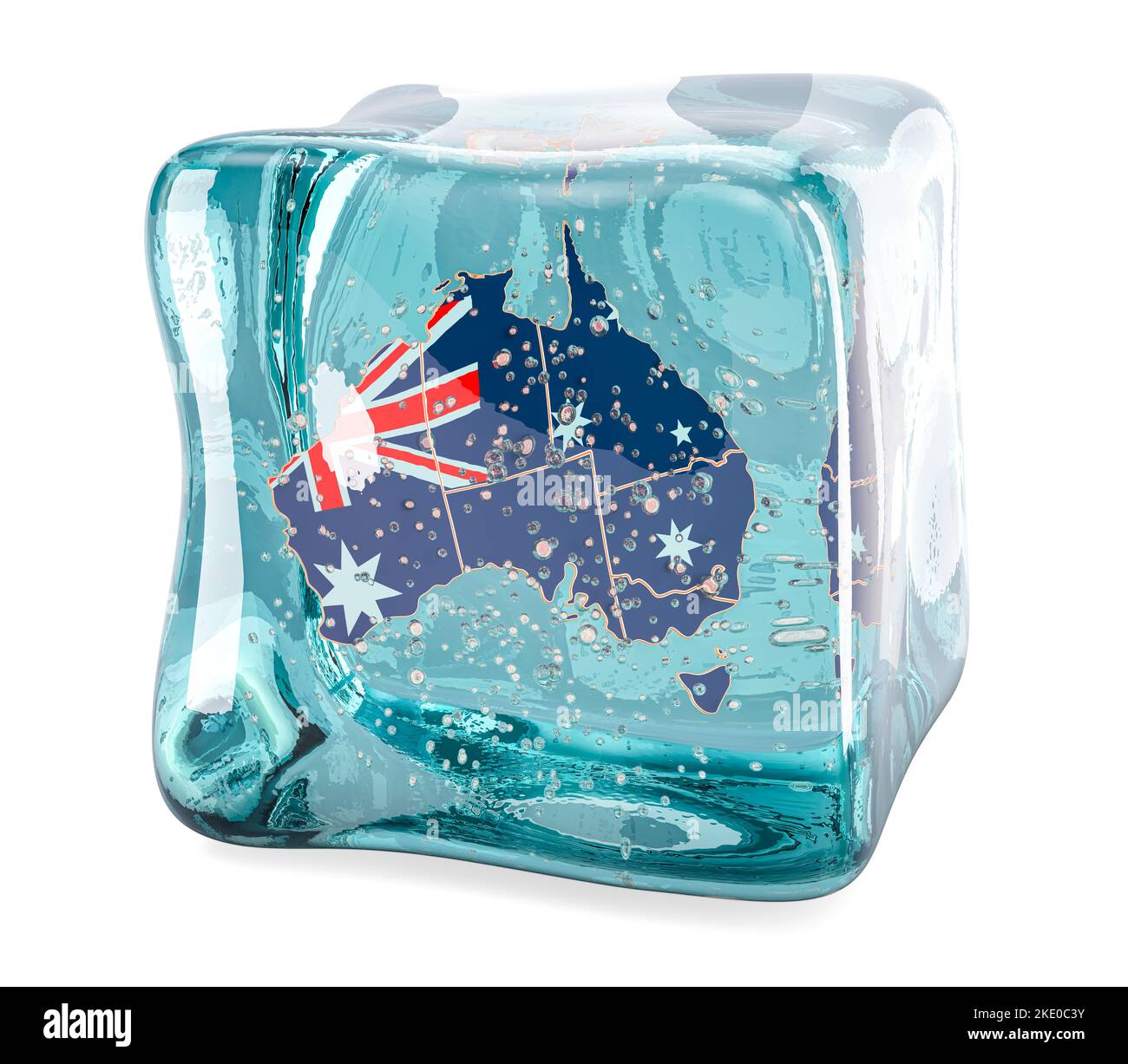 Australian map frozen in ice cube, 3D rendering isolated on white ...